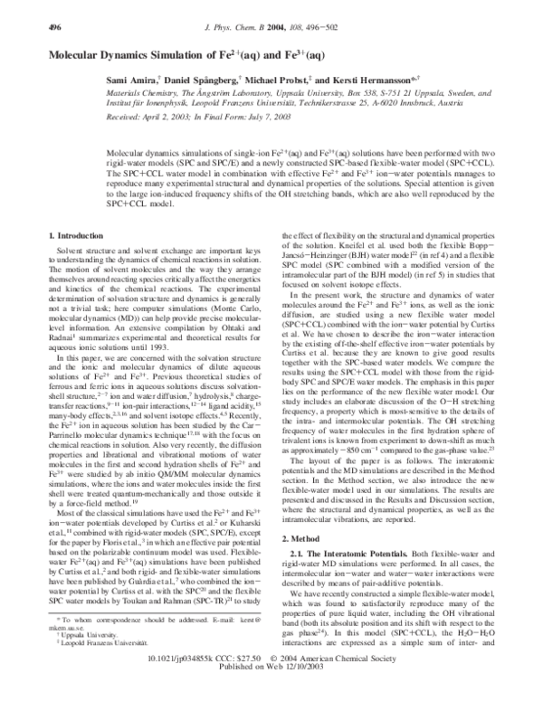 (PDF) Molecular Dynamics Simulation of Fe2+(aq) and Fe3+(aq)
