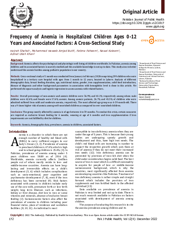 (PDF) Frequency of Anemia in Hospitalized Children Ages 0-12 Years and ...