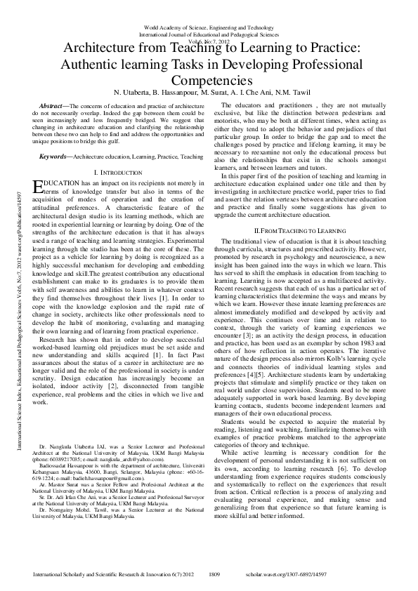 (PDF) Architecture From Teaching To Learning To Practice: Authentic ...