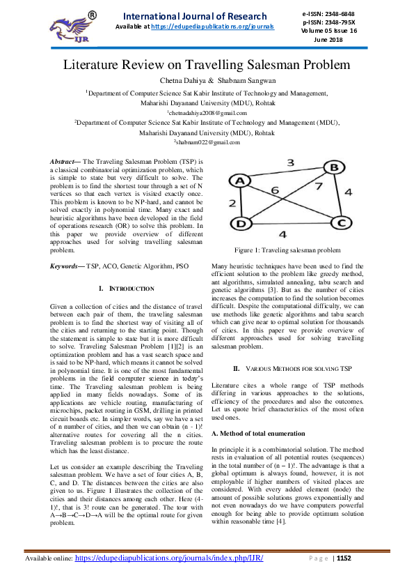 (PDF) Literature Review on Travelling Salesman Problem