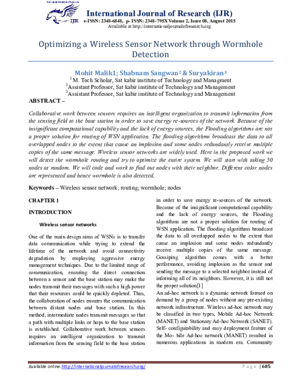 Pdf Optimizing A Wireless Sensor Network Through Wormhole Detection