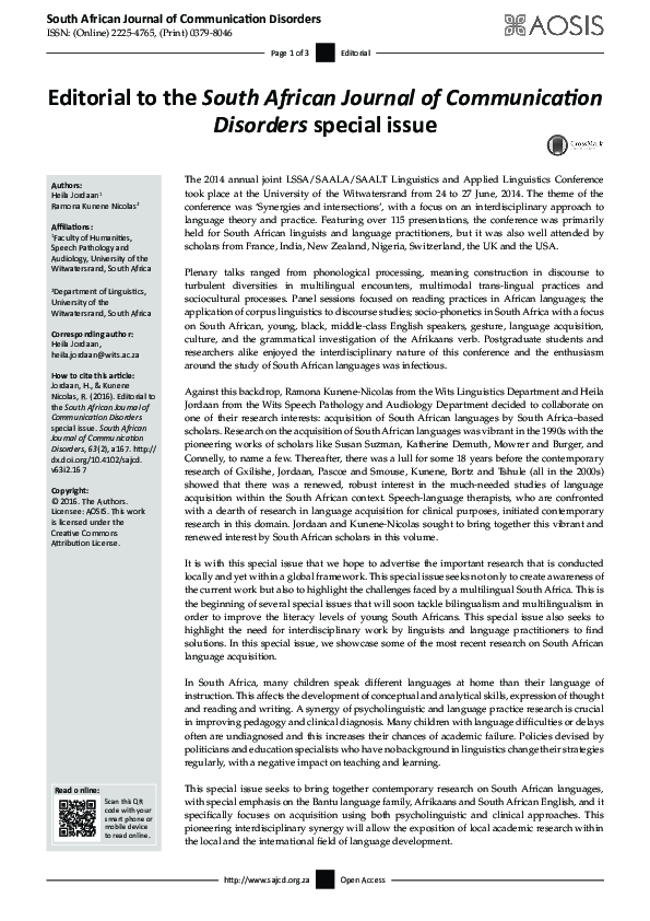 (PDF) Editorial to the South African Journal of Communication Disorders ...