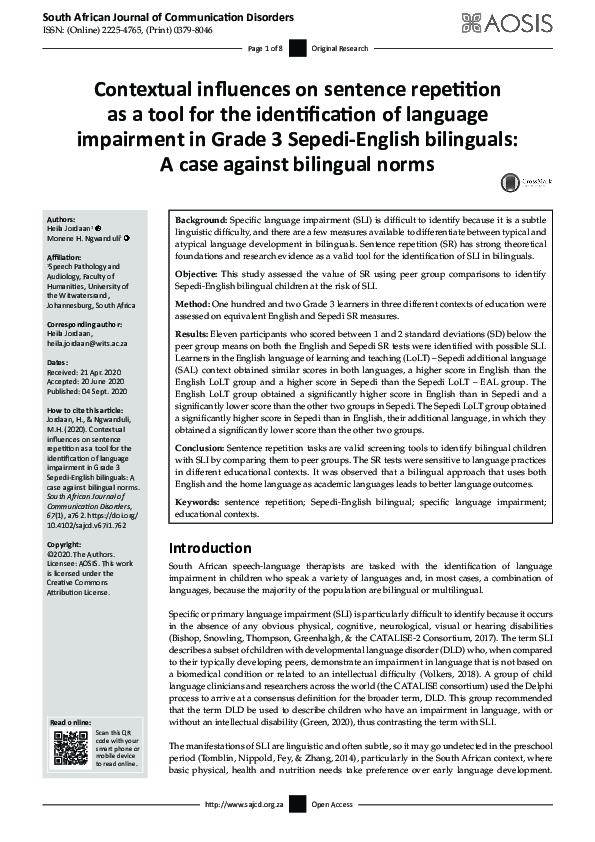 (PDF) Contextual influences on sentence repetition as a tool for the ...