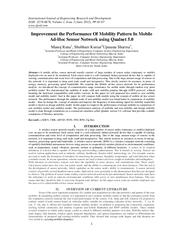 Pdf Improvement The Performance Of Mobility Pattern In Mobile Ad Hoc Sensor Network Using