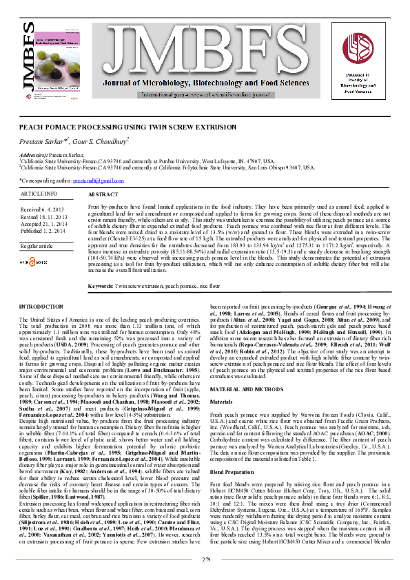 (PDF) Peach pomace processing using twin screw extrusion