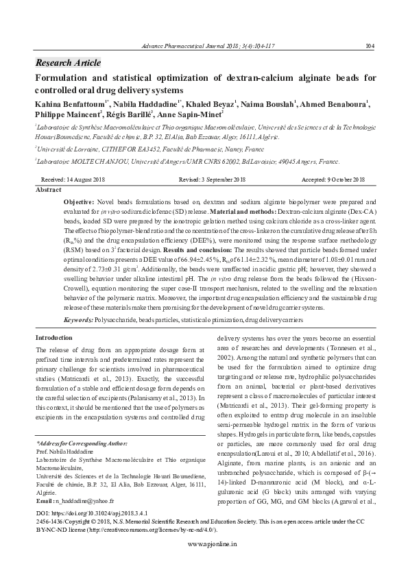 Pdf Formulation And Statistical Optimization Of Dextran Calcium Alginate Beads For Controlled