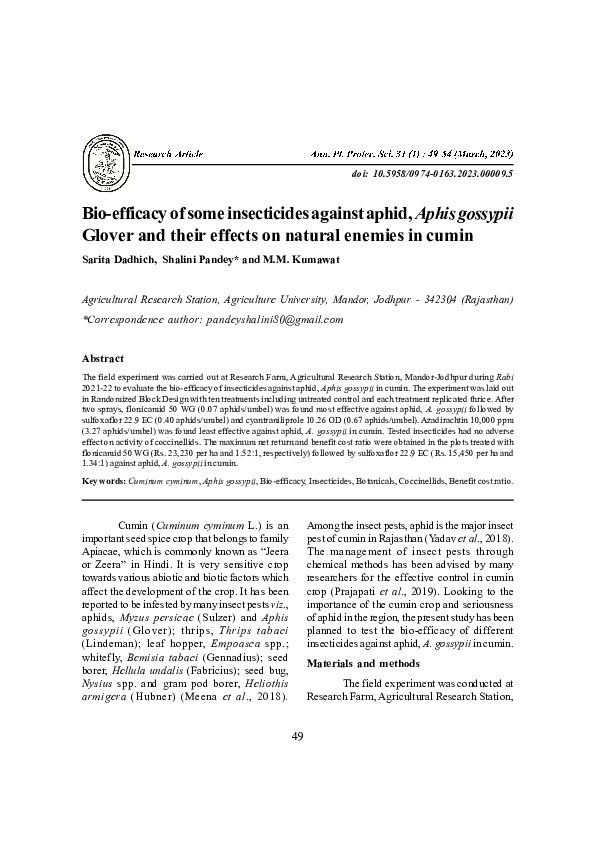 (PDF) Bio-efficacy of some insecticides against aphid, Aphis gossypii ...