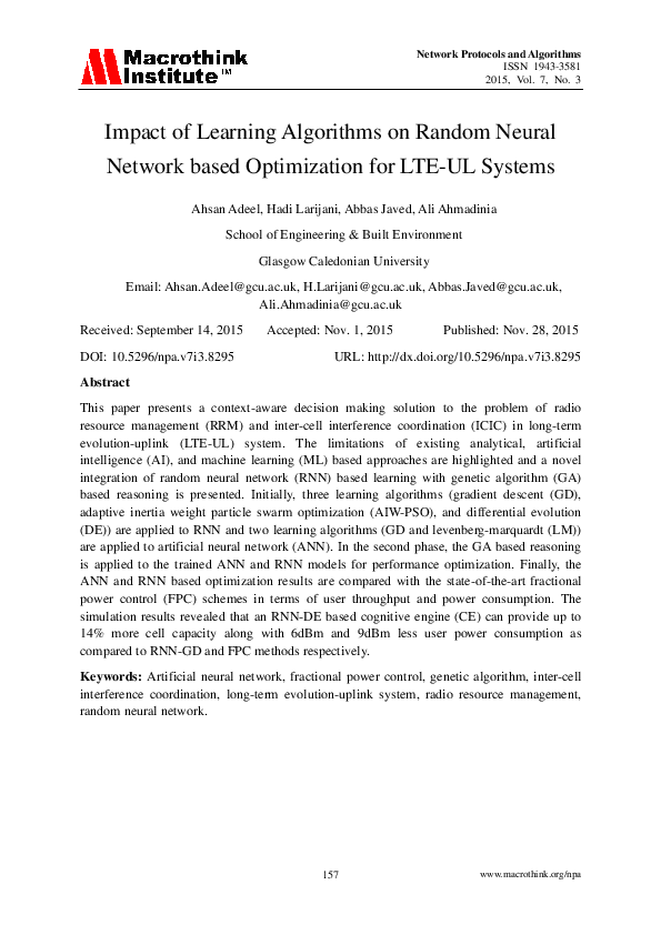 Pdf Impact Of Learning Algorithms On Random Neural Network Based Optimization For Lte Ul 