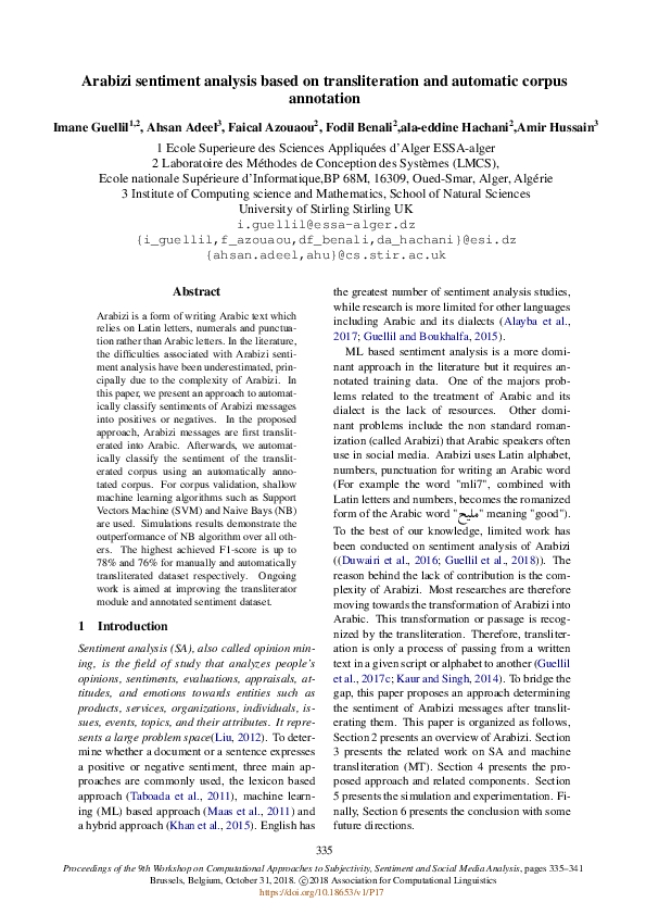 Pdf Arabizi Sentiment Analysis Based On Transliteration And Automatic