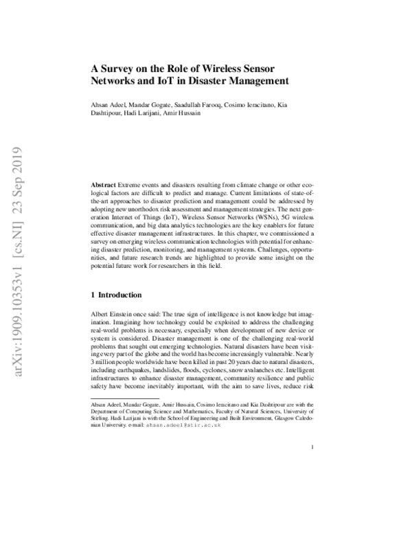 (PDF) A Survey on the Role of Wireless Sensor Networks and IoT in Disaster Management
