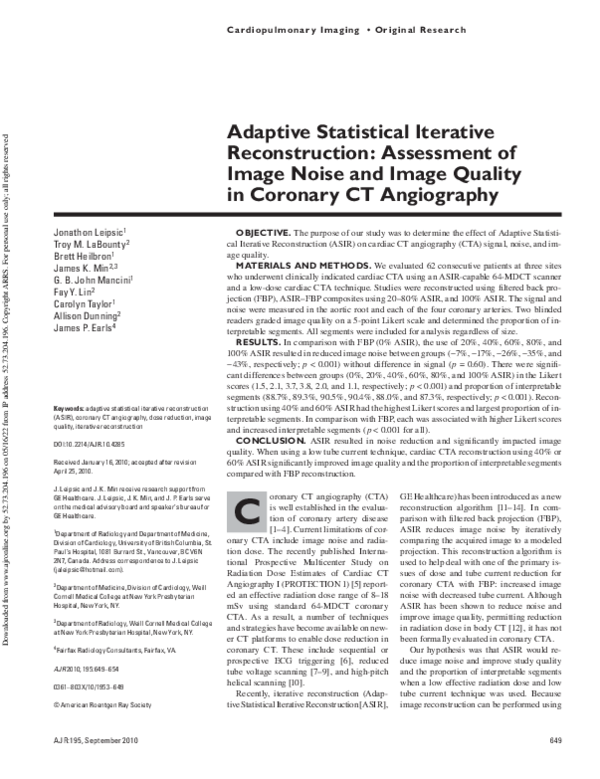 Adaptive Statistical Iterative Reconstruction Assessment Of Image