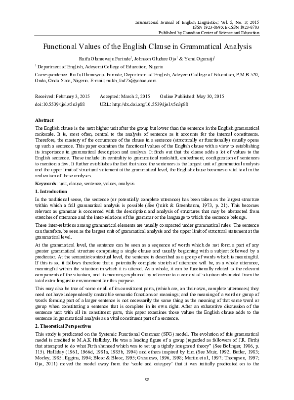 (PDF) Functional Values of the English Clause in Grammatical Analysis