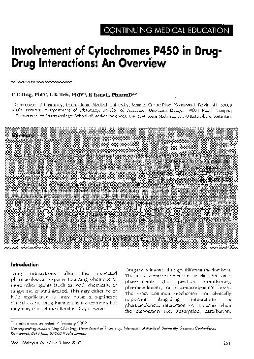 (PDF) Involvement of cytochromes p450 in drug-drug interactions: an overview