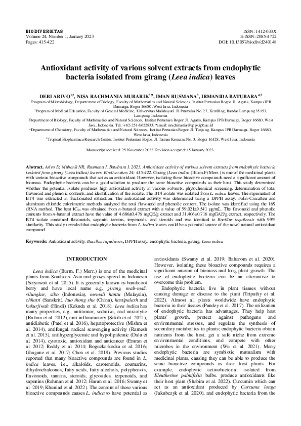 (PDF) Antioxidant activity of various solvent extracts from endophytic bacteria isolated from ...