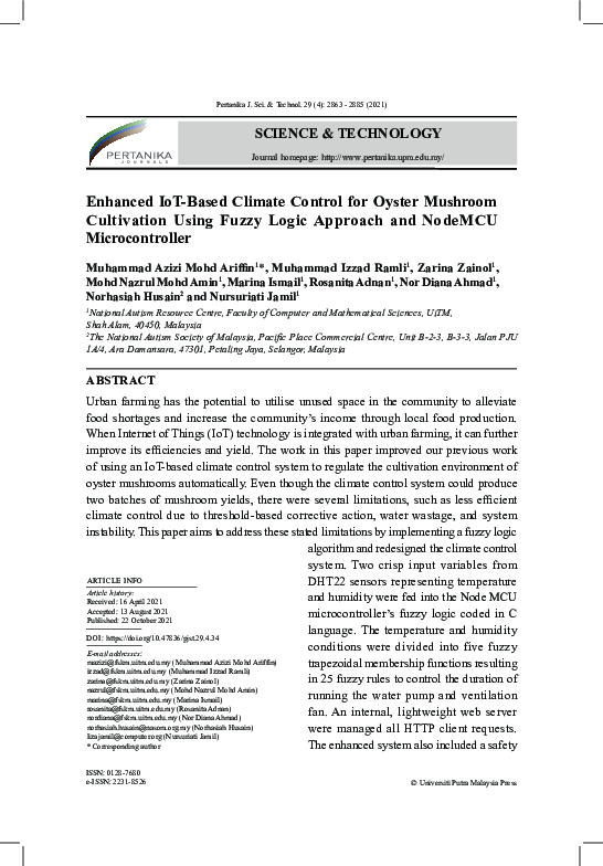 Pdf Enhanced Iot Based Climate Control For Oyster Mushroom Cultivation Using Fuzzy Logic