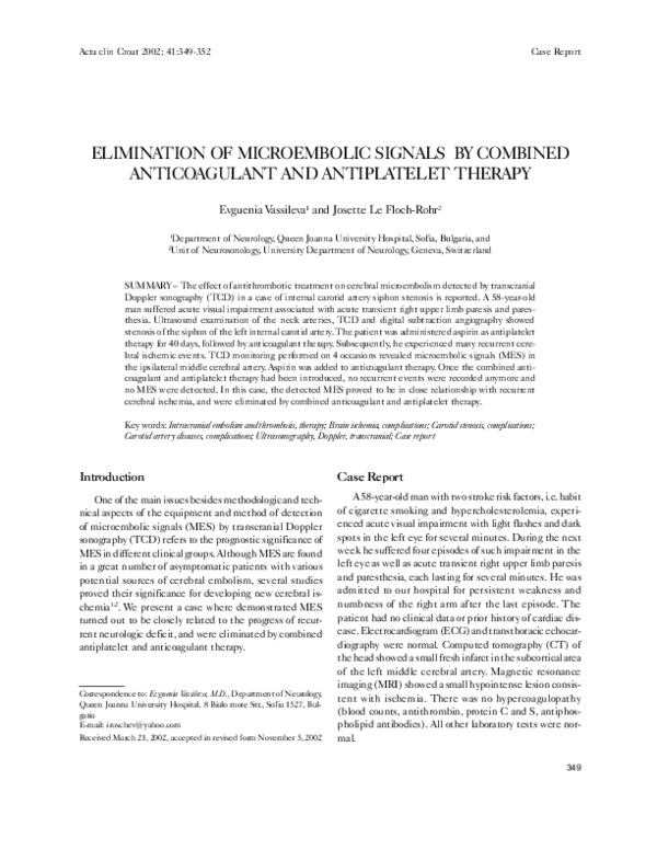 (PDF) Elimination of Microembolic Signals by Combined Anticoagulant and ...