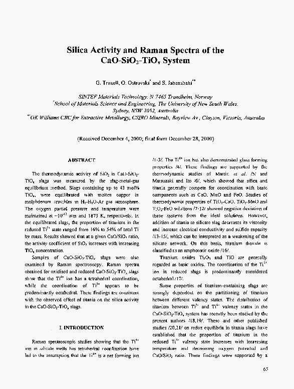 (PDF) Silica Activity and Raman Spectra of the CaO-SiO2-TiOx System