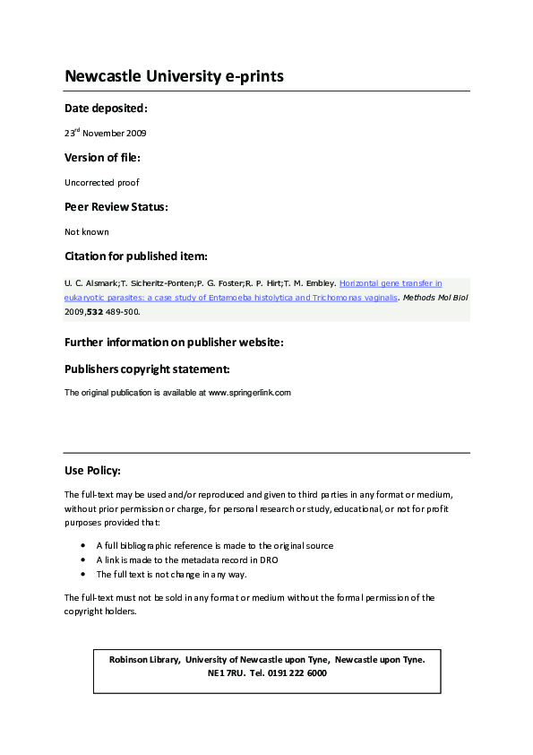 (PDF) Horizontal Gene Transfer in Eukaryotic Parasites: A Case Study of ...
