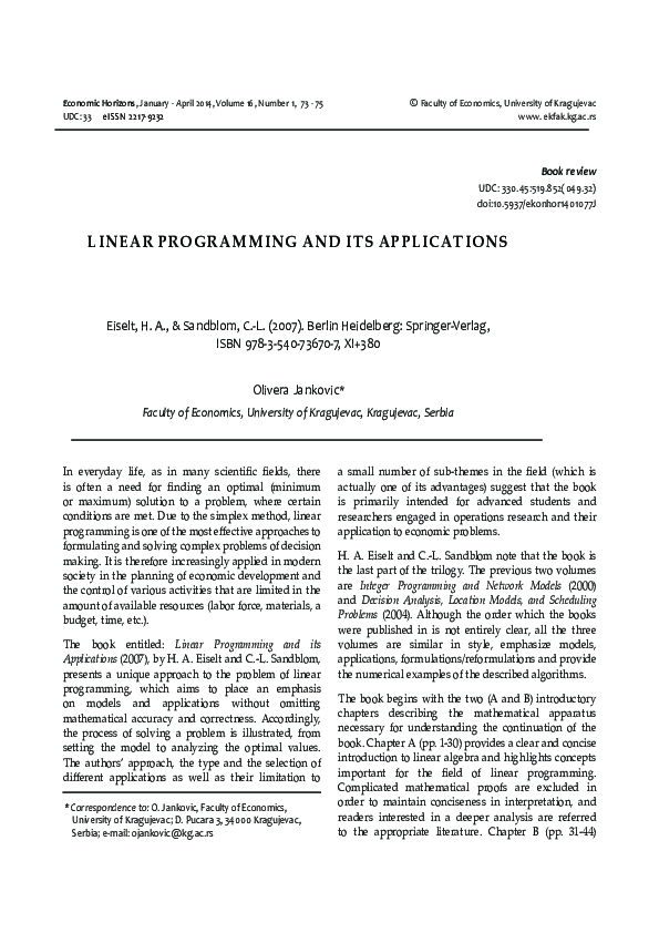 (PDF) Eiselt H.A., Sandblom C.L.: Linear programming and its applications, Springer-verlag ...
