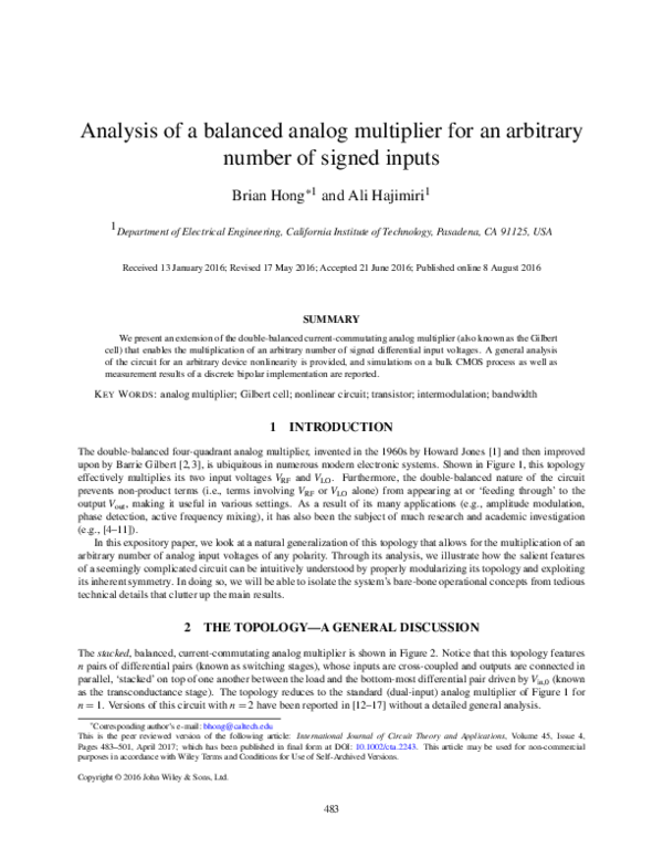 (PDF) Analysis of a balanced analog multiplier for an arbitrary number ...