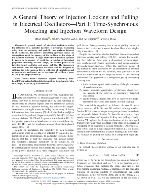 (PDF) A General Theory of Injection Locking and Pulling in Electrical Oscillators—Part I: Time ...