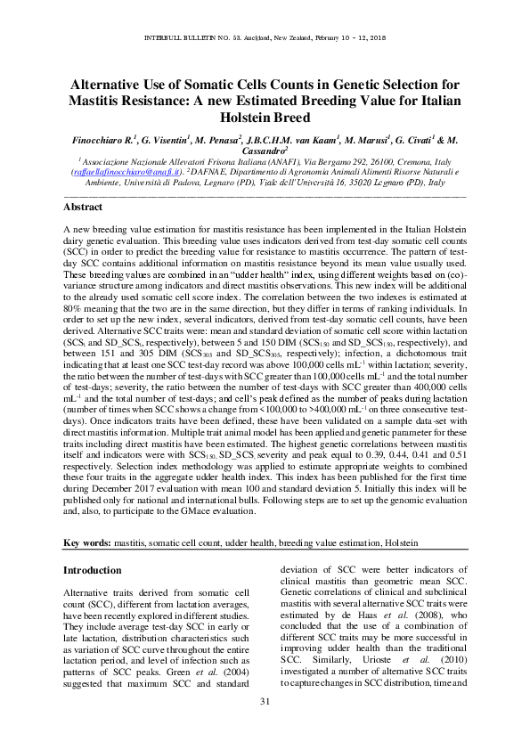(PDF) Alternative use of Somatic Cells Counts in genetic selection for ...