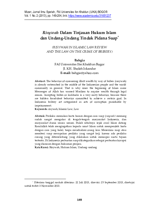 (PDF) Risywah Dalam Tinjauan Hukum Islam dan Undang-Undang Tindak ...