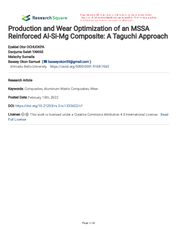 (PDF) Production and wear optimization of an MSSA-reinforced Al–Si–Mg ...
