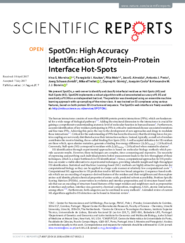 (PDF) SpotOn: High Accuracy Identification of Protein-Protein Interface ...