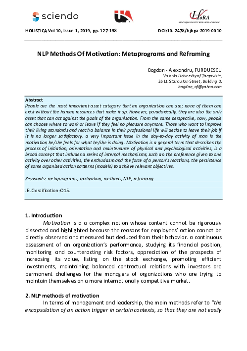 (PDF) NLP Methods Of Motivation: Metaprograms and Reframing