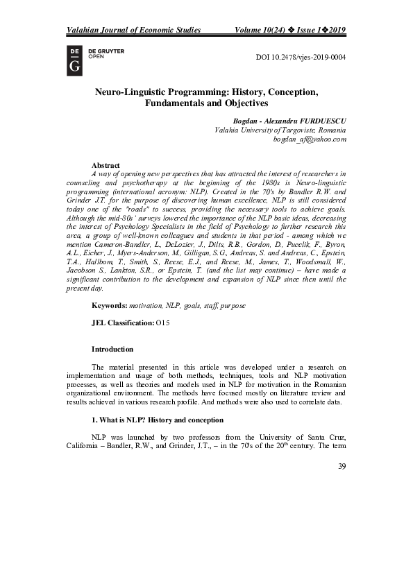 (PDF) Neuro-Linguistic Programming: History, Conception, Fundamentals and Objectives