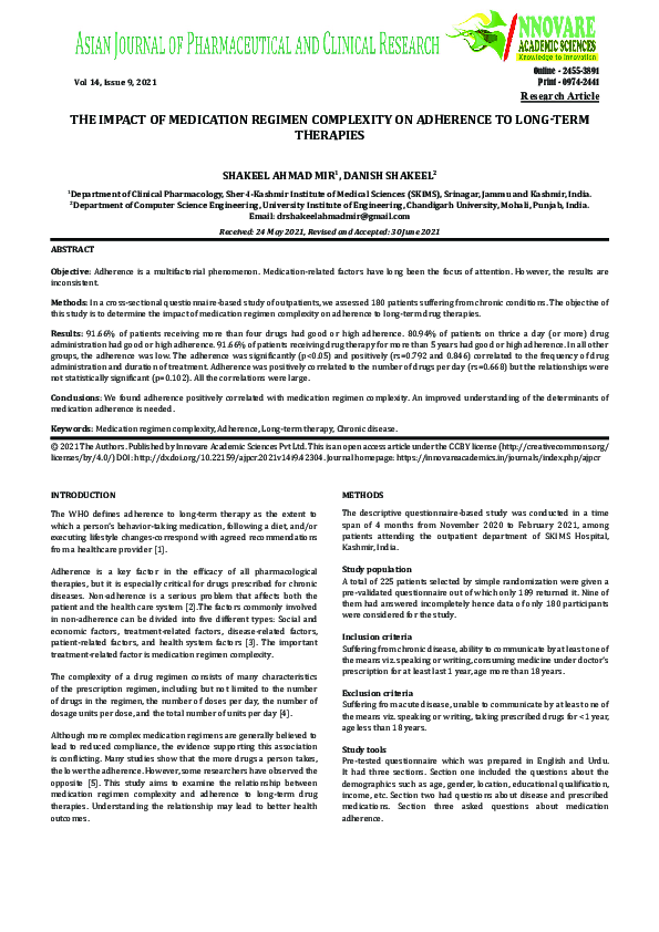 Pdf The Impact Of Medication Regimen Complexity On Adherence To Long Term Therapies