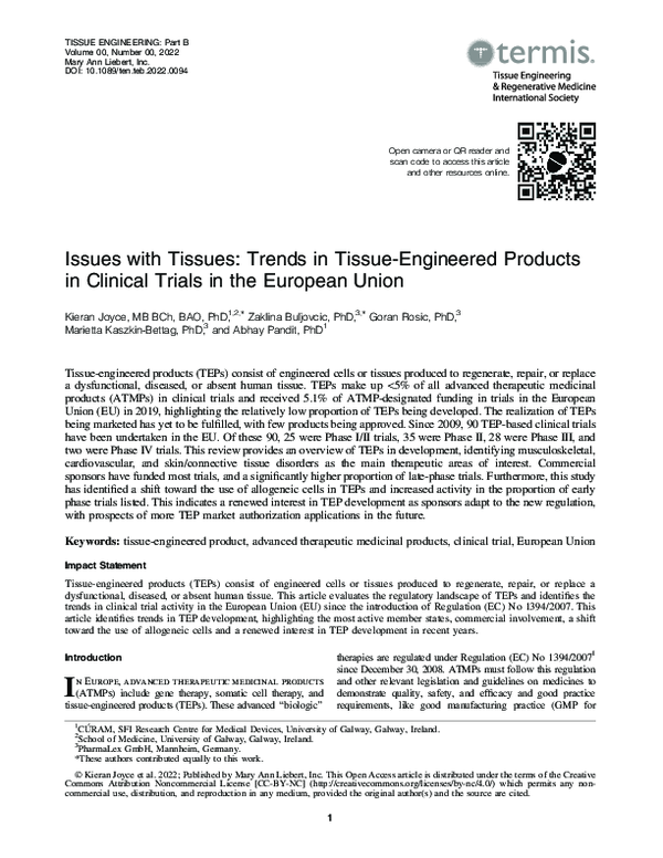 (PDF) Issues with Tissues: Trends in Tissue-Engineered Products in ...