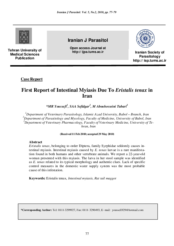 (PDF) First Report of Intestinal Myiasis Due To Eristalis tenax in Iran