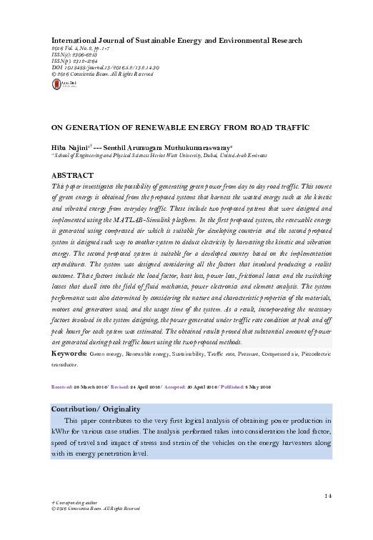 (PDF) On Generation of Renewable Energy from Road Traffic