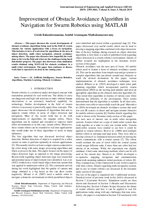(PDF) Improvement of Obstacle Avoidance Algorithm in Navigation for Swarm Robotics using MATLAB
