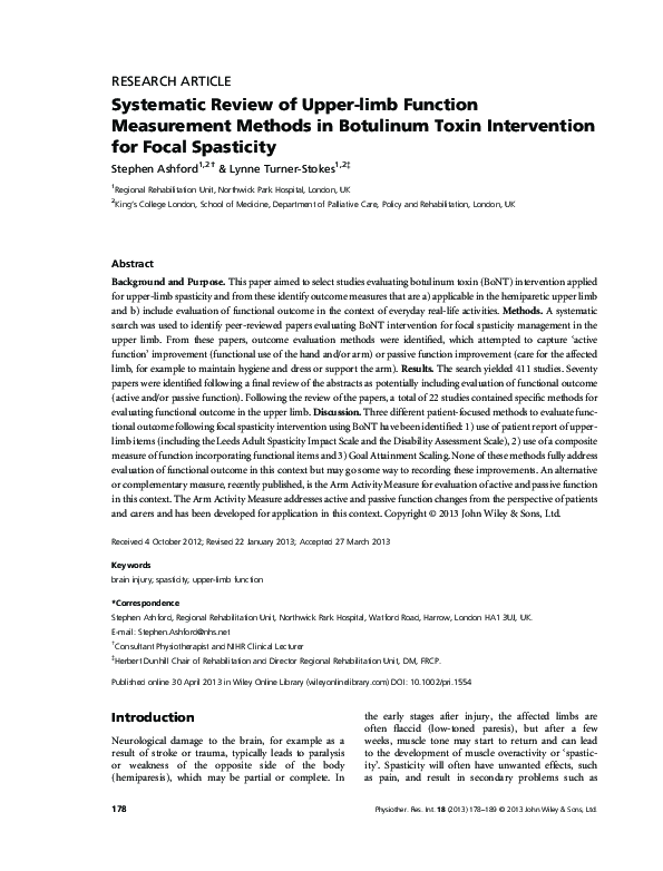 (PDF) Systematic Review of Upper‐limb Function Measurement Methods in ...