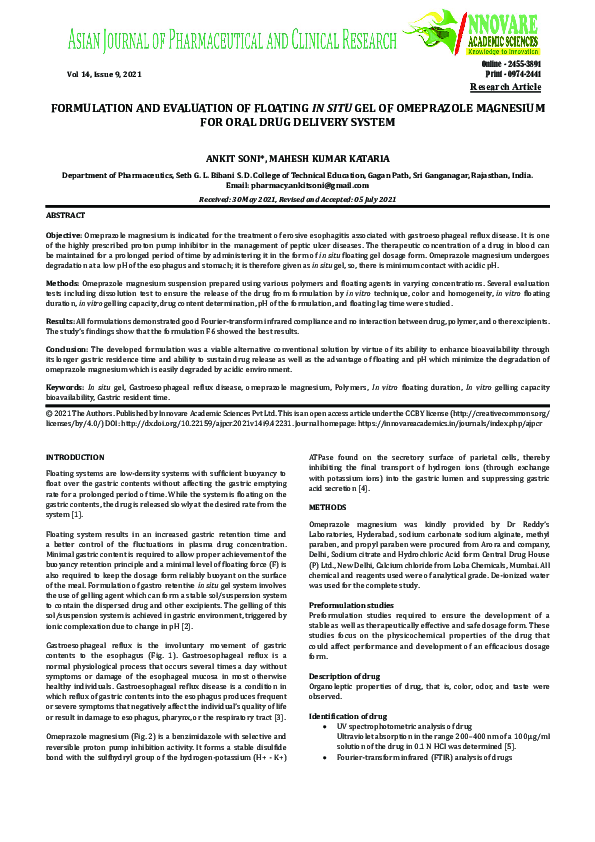 Pdf Formulation And Evaluation Of Floating In Situ Gel Of Omeprazole Magnesium For Oral Drug