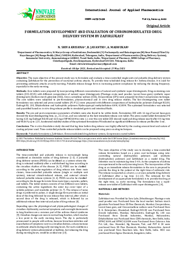Pdf Formulation Development And Evaluation Of Chronomodulated Drug Delivery System By