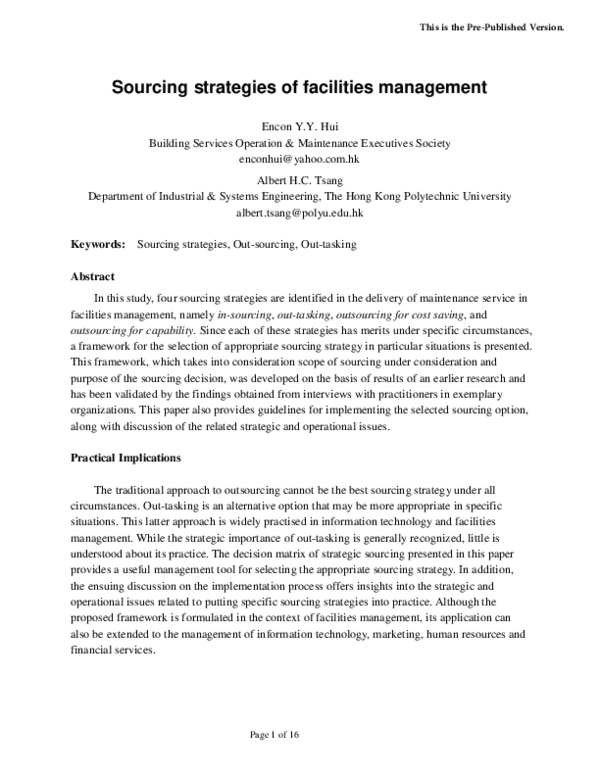 (PDF) Sourcing strategies of facilities management