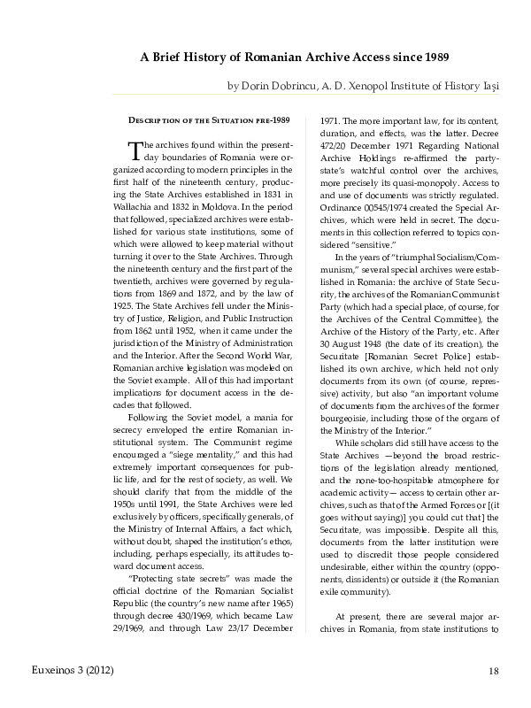 (PDF) a brief History of Romanian archive access since 1989