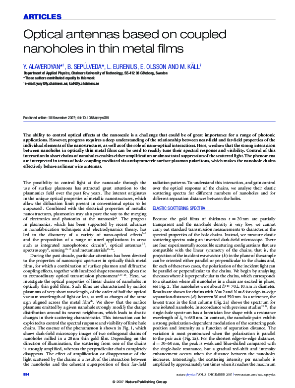 (PDF) Optical antennas based on coupled nanoholes in thin metal films