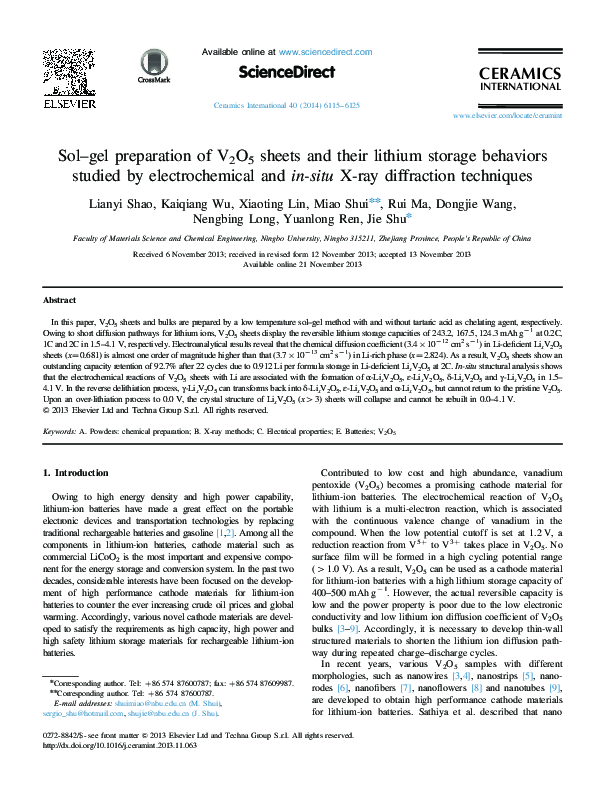 (PDF) Sol–gel preparation of V2O5 sheets and their lithium storage behaviors studied by ...