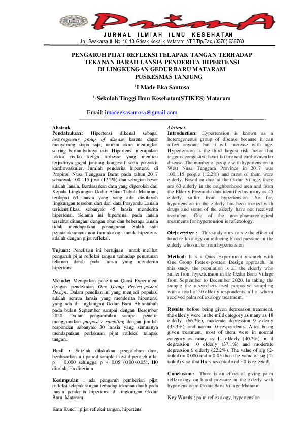 (PDF) Pengaruh Pijat Refleksi Telapak Tangan Terhadap Tekanan Darah ...