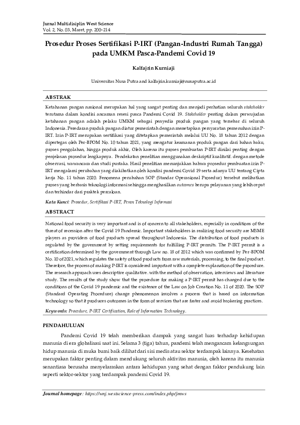 (PDF) Prosedur Proses Sertifikasi P-IRT (Pangan-Industri Rumah Tangga) pada UMKM Pasca-Pandemi ...