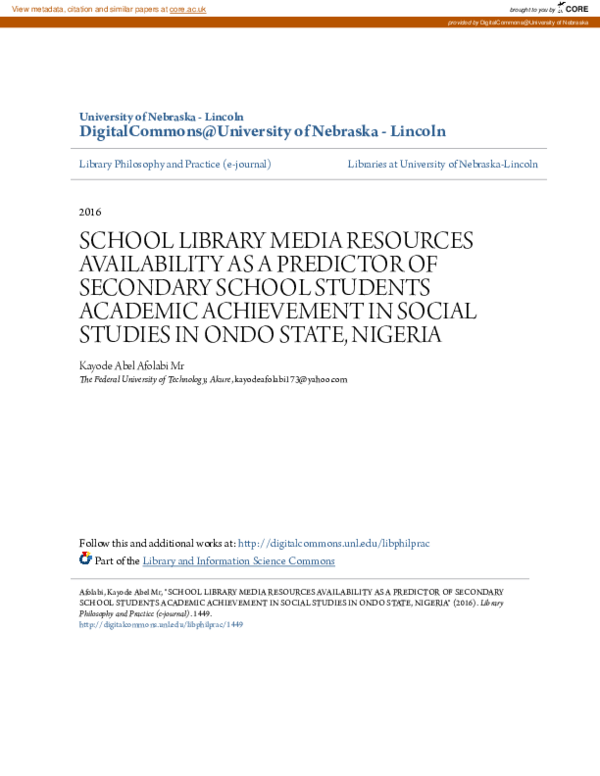 (PDF) School Library Media Resources Availability as a Predictor of Secondary School Students ...