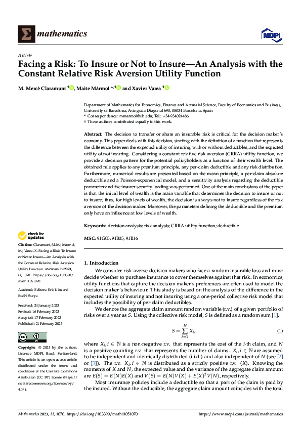 (PDF) Facing a Risk: To Insure or Not to Insure—An Analysis with the ...