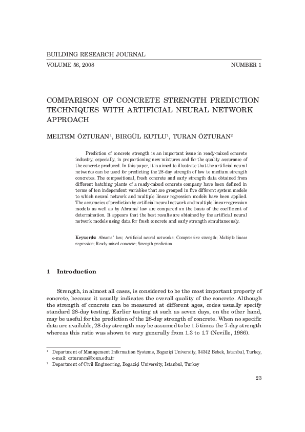 (PDF) Comparison of Concrete Strength Prediction Techniques with Artificial Neural Network Approach