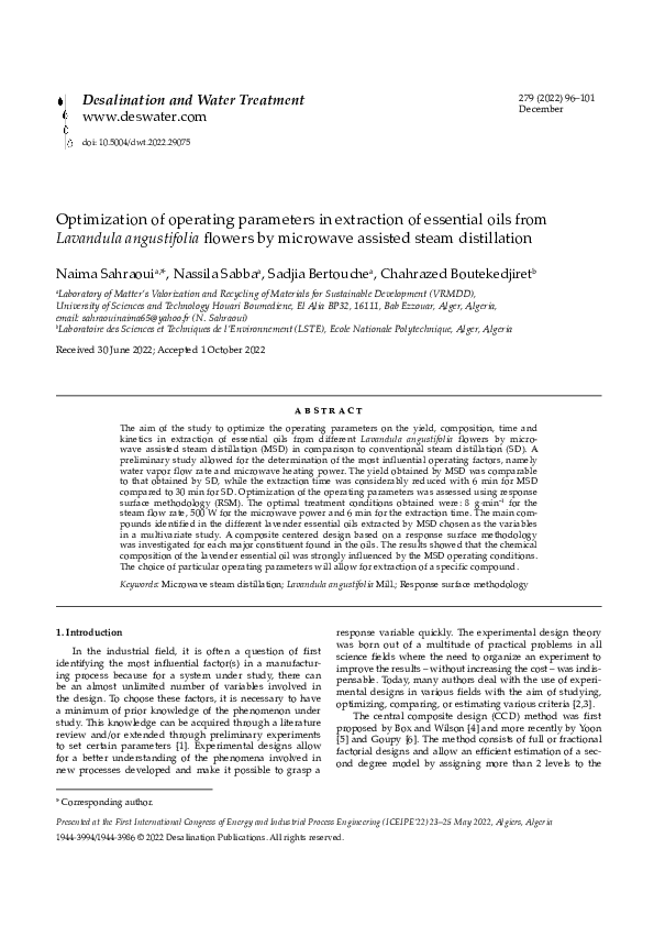 (PDF) Optimization of operating parameters in extraction of essential oils from Lavandula ...
