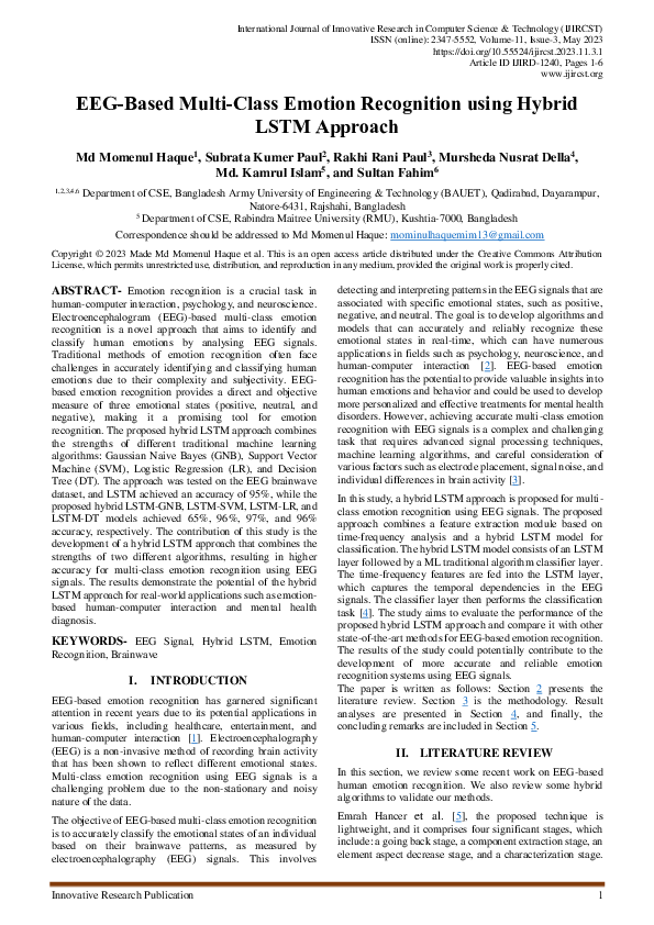 Pdf Eeg Based Multi Class Emotion Recognition Using Hybrid Lstm Approach